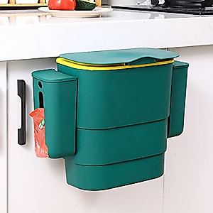 Hanging Trash Can with Lid, Kitchen Trash Can Plastic Wall Mounted Folding Waste Bin Garbage Container for Kitchen, Car, Bathroom, (Green Black)