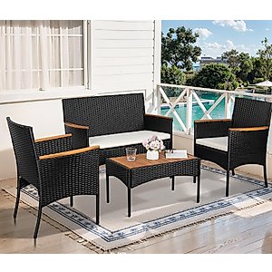Shintenchi 4-Piece Patio Furniture Set, Outdoor Wicker Patio Conversation Furniture Set with Cushions and Wooden Tabletop for Paito Lawn Backyard Pool Garden, White Cushion