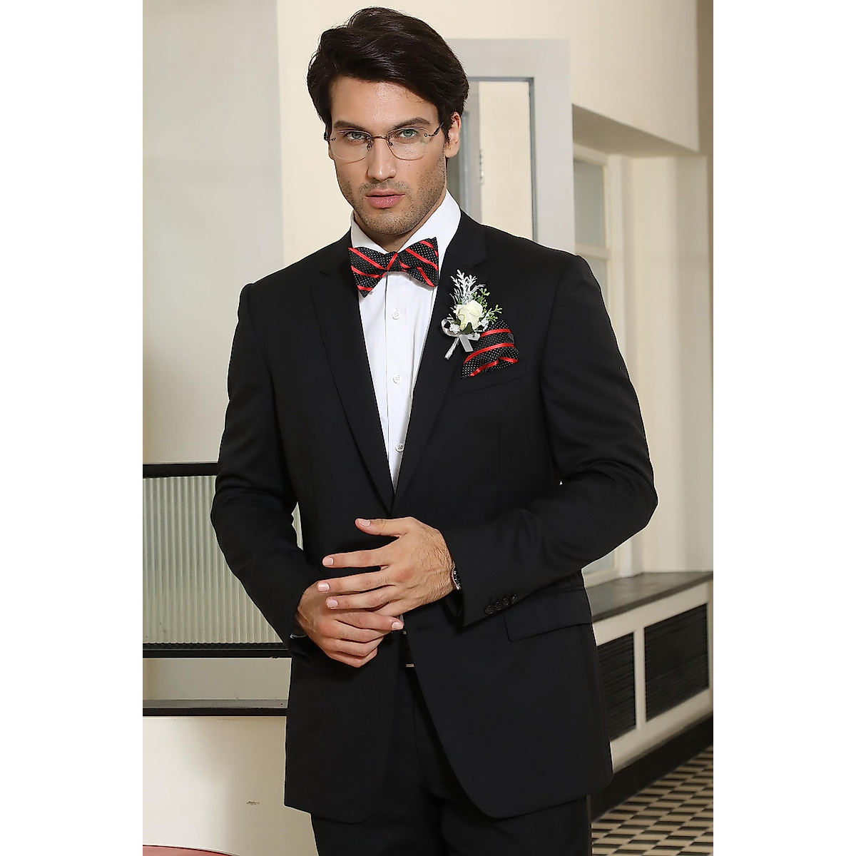 HISDERN Bow Ties for Men Red Bow Tie Self Tie Stripe Bowtie Handkerchief Set Adjustable Formal Tuxedo Black Polka Dot Bowties & Pocket Square Wedding