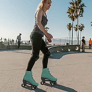 Tmore Roller Skates for Women and Men, Classic Double-Row Roller Skate High-Top Four Light up Wheels Premium Sueded Leather Outdoor Indoor Roller Skates for Adults and Teens (Green Black Wheel,41)