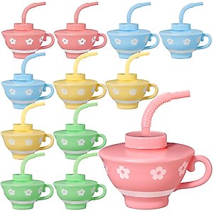 Zhehao Tea Cups with Straws and Lids, 9 oz Plastic Tea Cups Reusable Creative Party Tea Cups Bulk for Kids Birthday Baby Shower Princess Tea Party Supplies(12 Pieces)