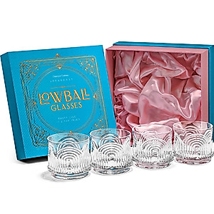 GLASSIQUE CADEAU Vintage Art Deco 1920s Lowball Cocktail Glasses | Set of 4 | 9 oz Crystal Old Fashioned Glassware for Drinking Classic Bar Drinks | Heavy Base Short Rocks Tumblers for Women