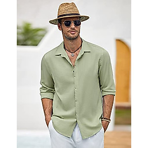 COOFANDY Men's Beach Linen Shirts Long Sleeve Casual Buttton Down Shirts Beach Dress Shirt Light Green