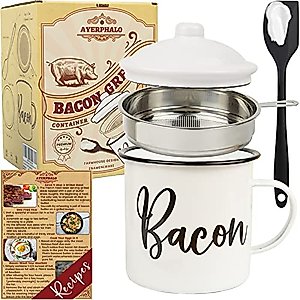 Bacon Grease Container with Strainer - With Food-Grade Silicone Spatula, 46oz Large Enamel Grease Strainer - Rustic Farmhouse Bacon Fat Container, Bacon Grease Keeper, With Recipes, Dishwasher Safe