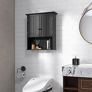 Byroce Bathroom Storage Cabinet Wall Mounted, Wooden Over The Toilet Space Saver with 2 Doors & Adjustable Shelf, Hanging Medicine Cabinets for Bathroom, Living Room, Kitchen (Black)