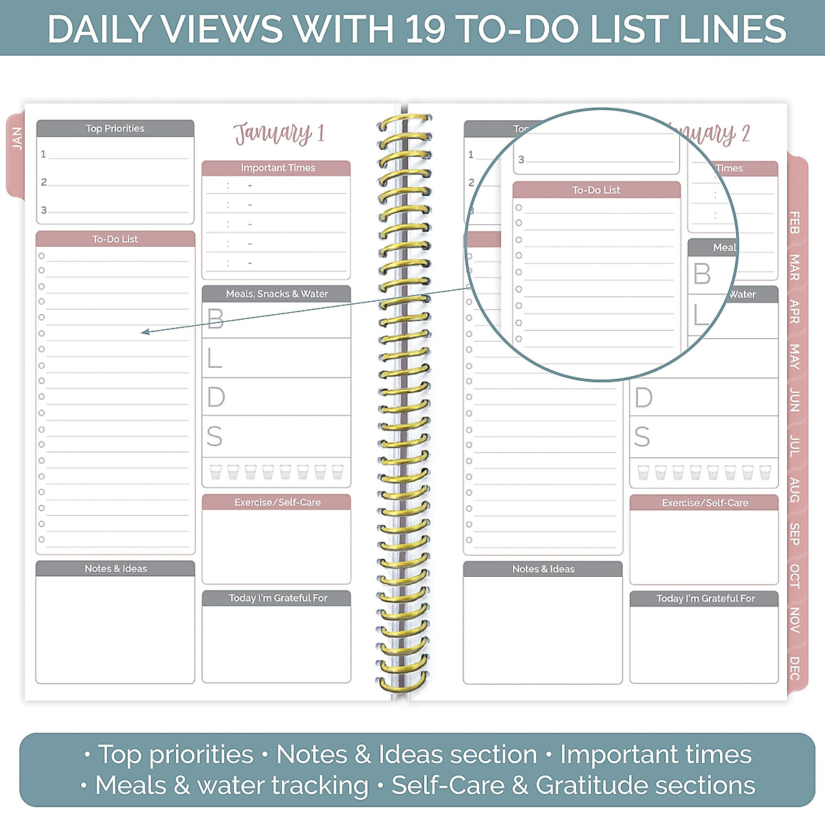 bloom daily planners New UNDATED Hardcover Calendar & Daily Bound To Do List Spiral Notebook - Notes, Goals, to Do's Planning System - 8.25" x 6.5" - Daydream Believer