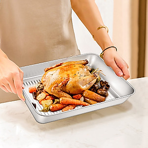 TeamFar Lasagna Pan, 12.4 Inch Stainless Steel Rectangular Textured Baking Pan with Lid, Corrugated Bottom & Deep Side, Non-Toxic & Heavy Duty, Dishwasher Safe - (2 Pans + 2 Lids）