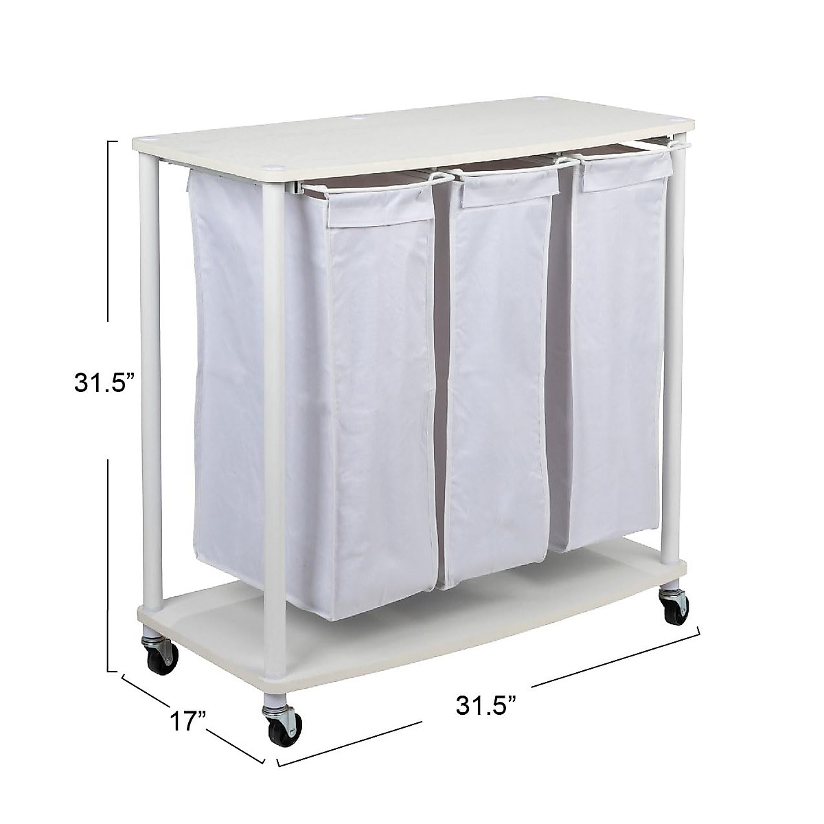 Household Essentials 3-Bag Laundry Sorter, Smooth Laminate Shelving, Sturdy Steel Frame, Wheeling and Stationary Feet Options, Washable Linen Laundry Bags, 3-Load Capacity, Versatile, White