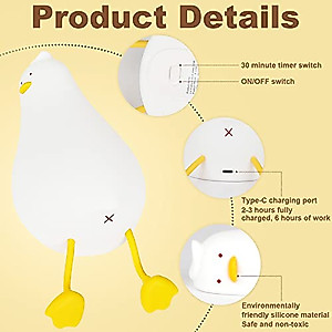 Cute Duck LED Night Light, 3 Level Dimmable Lying Flat Duck Night Light for Kids/Adult, Type-C Rechargeable Bedside Touch Night Lamp, Kawaii Stuff duck Lamp, Nightlight for Bedroom, Breastfeeding