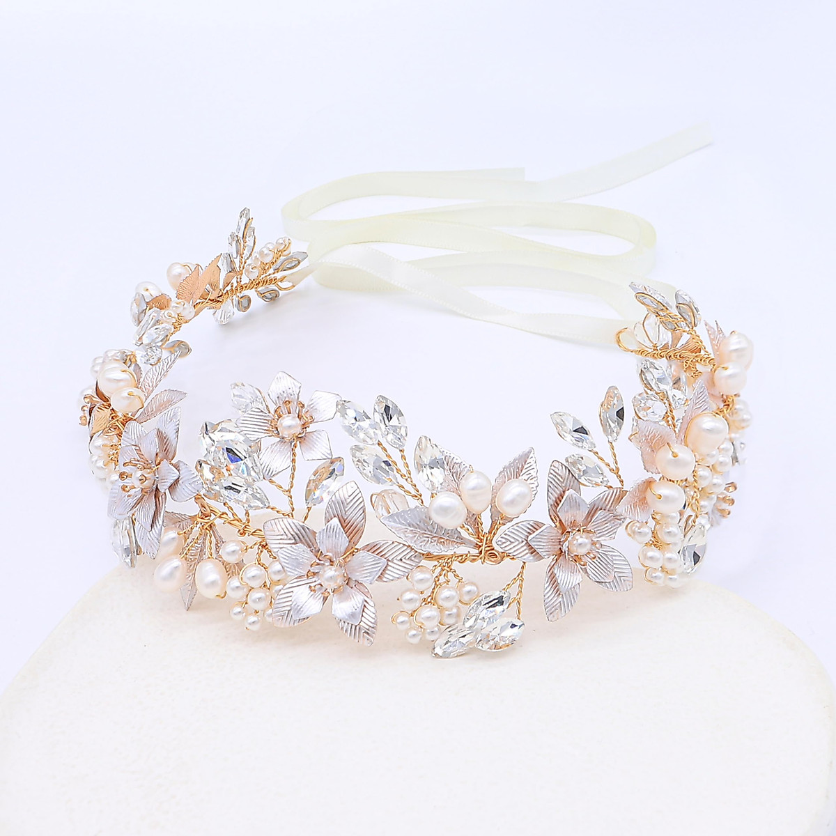 Oriamour Wedding Headband Bridal Headpiece Flower Design With Genuine Freshwater Pearls And Ribbons Hair Accessories For Bride (Gold)