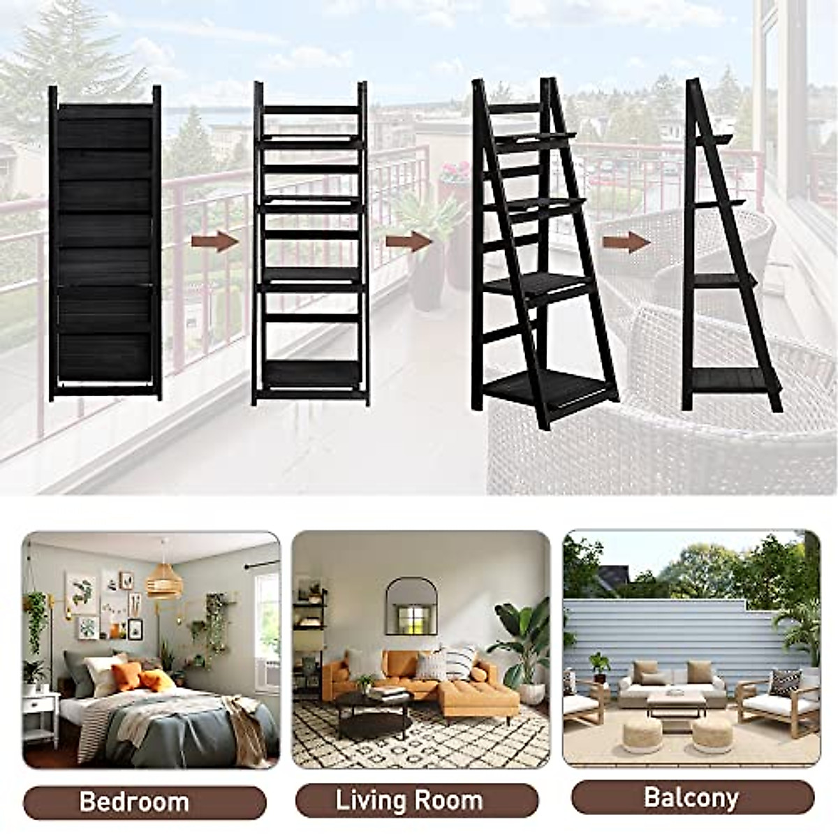 Babion Ladder Shelf, 4-Tier Ladder Bookshelf, Black Bookcase with Shelves, Storage Rack Plant Stand for Home, Bedroom, Bathroom,Office, 16 x 14 x 46 Inch, Industrial Style, Wood Frame