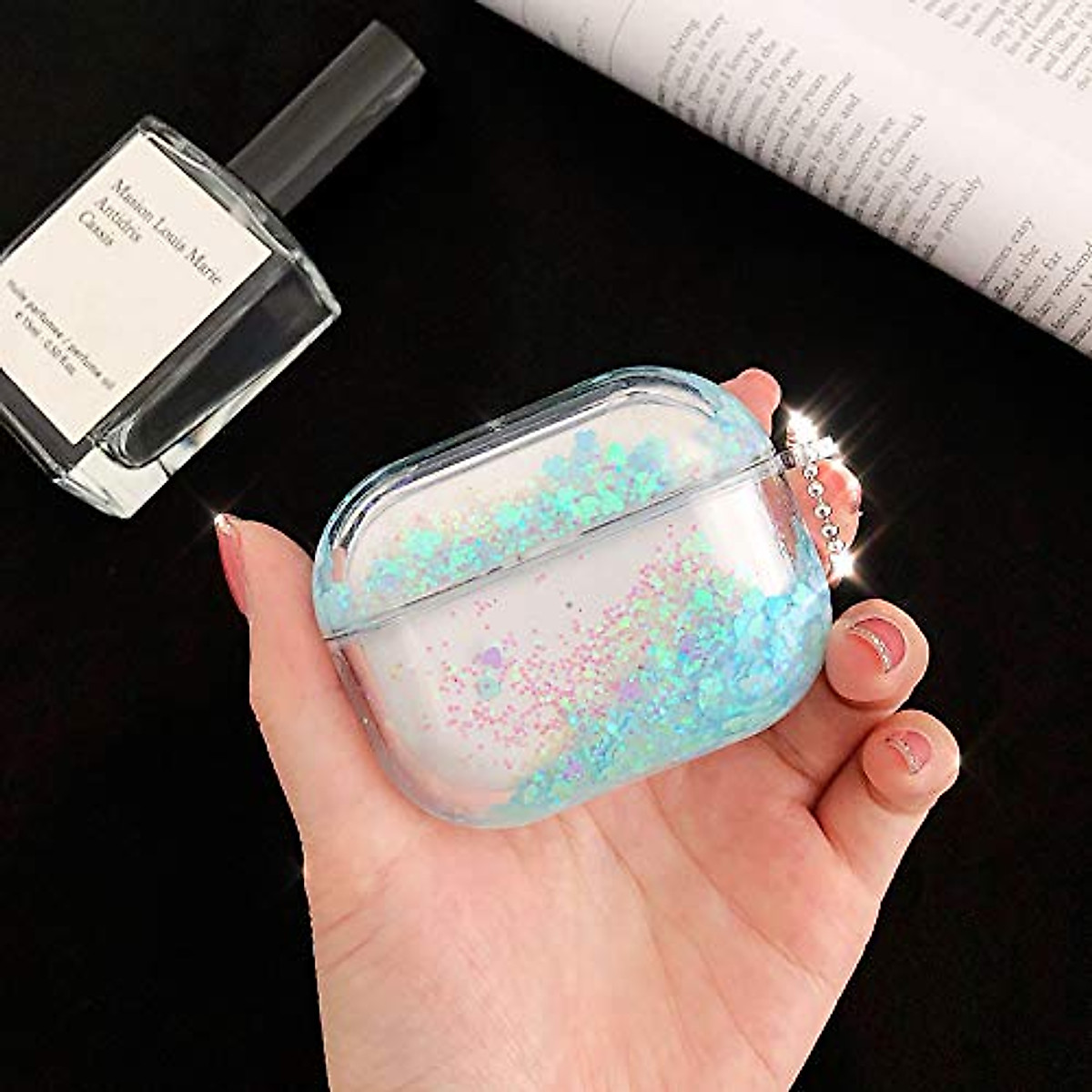 SGVAHY Bling Quicksand Case Compatible with AirPods Pro, Luxury Glitter Liquid Sequins Clear Hard Protective Case with Keychain Wireless Charging Box for Girls Women (Blue, AirPods Pro)