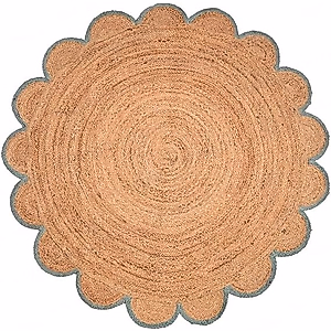 KALVEERA 5x5, 6x6, 4x4, 3x3ft Jute Area Rug Natural Jute Scallop Round Rug, Floor Scalloped Circular Handmade Braided Boho Eco Large Circular Handmade Area Rugs (4x4 Ft Round Rug, Turquoise)