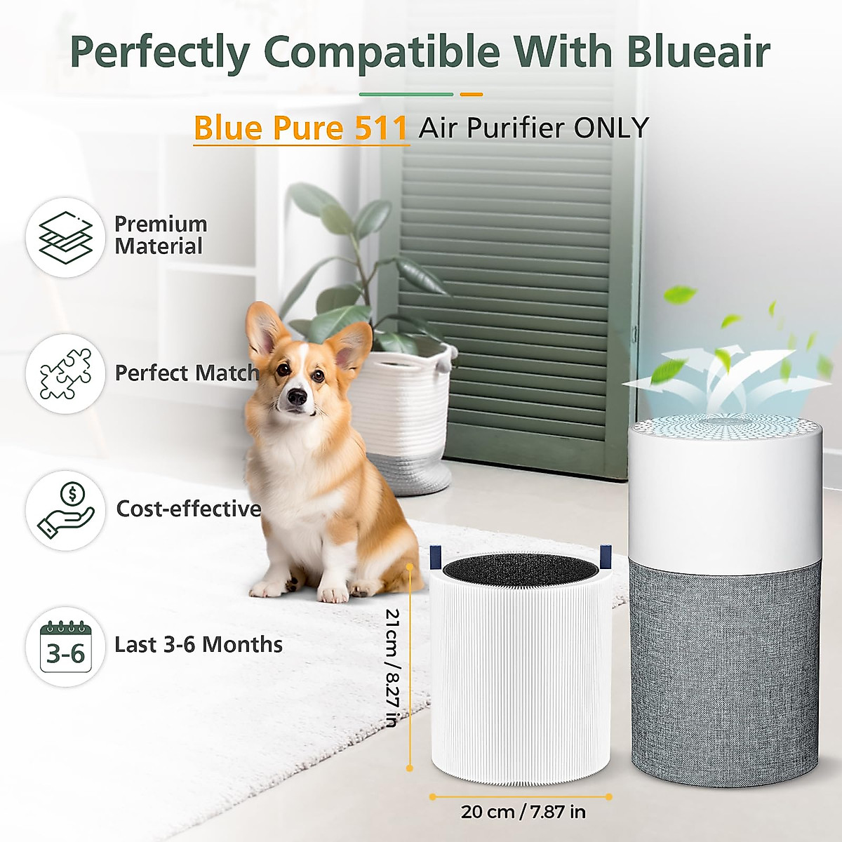 Blue Pure 511 Replacement Filter Compatible with Blueair Blue Pure 511 Air Purifier, 2-in-1 H13 True HEPA Particle Filter and Activated Carbon Filter, 2 Pack