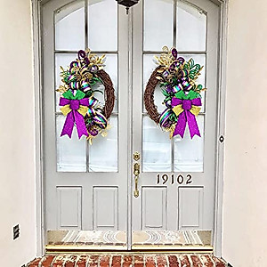 Hying 2 Pieces Mardi Gras Bows for Wreath, Mardi Gras Wreath Bows Glitter Green Purple Gold Bows Fat Tuesday Gift Bows for Front Door Mardi Gras Masquerade Cosplay Party Decor Supplies