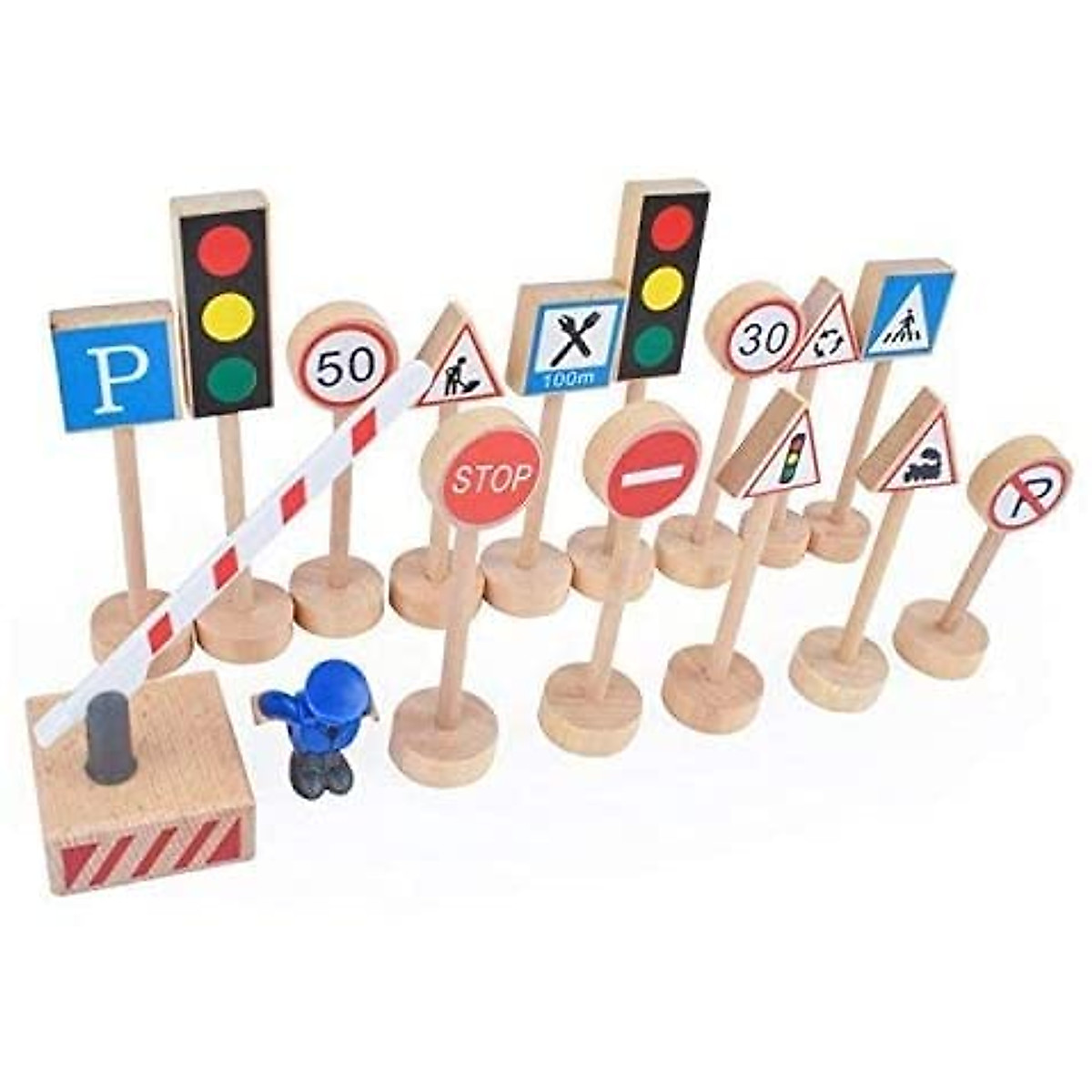 Kaptin 15 Pcs Wooden Street Signs Playset, Traffic Signs Lights Playset for Children Play