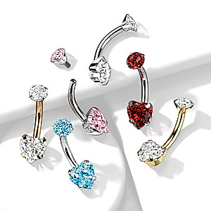 Pierced Owl 14GA G23 Implant Grade Titanium Prong Set CZ Crystal Heart Internally Threaded Belly Button Ring (Silver Tone/Red)