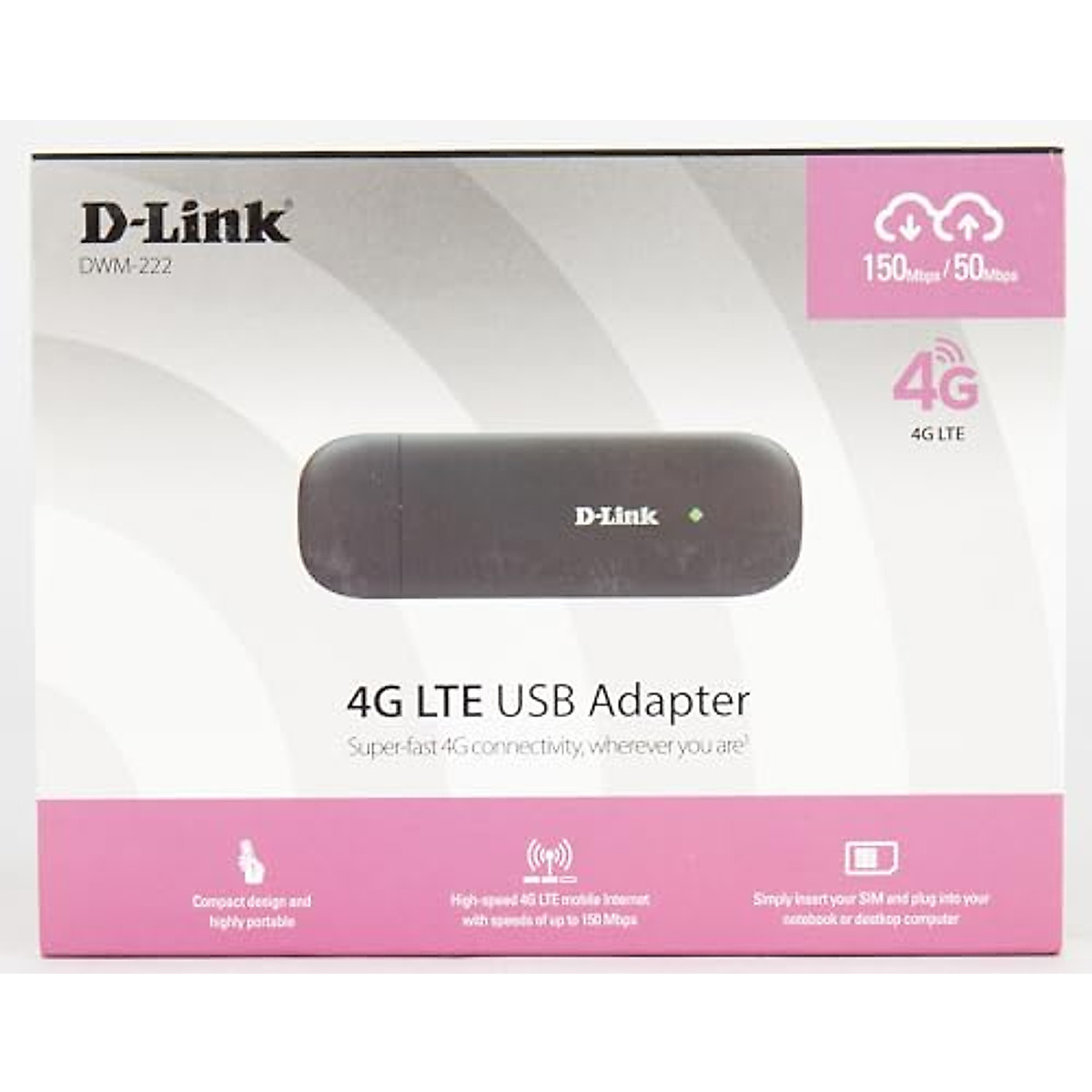 D-Link DWM-222 4G LTE Class 3 USB Adapter with Integrated Antenna for Windows XP/Vista/7/8, Mac OS X 10.5 - Black