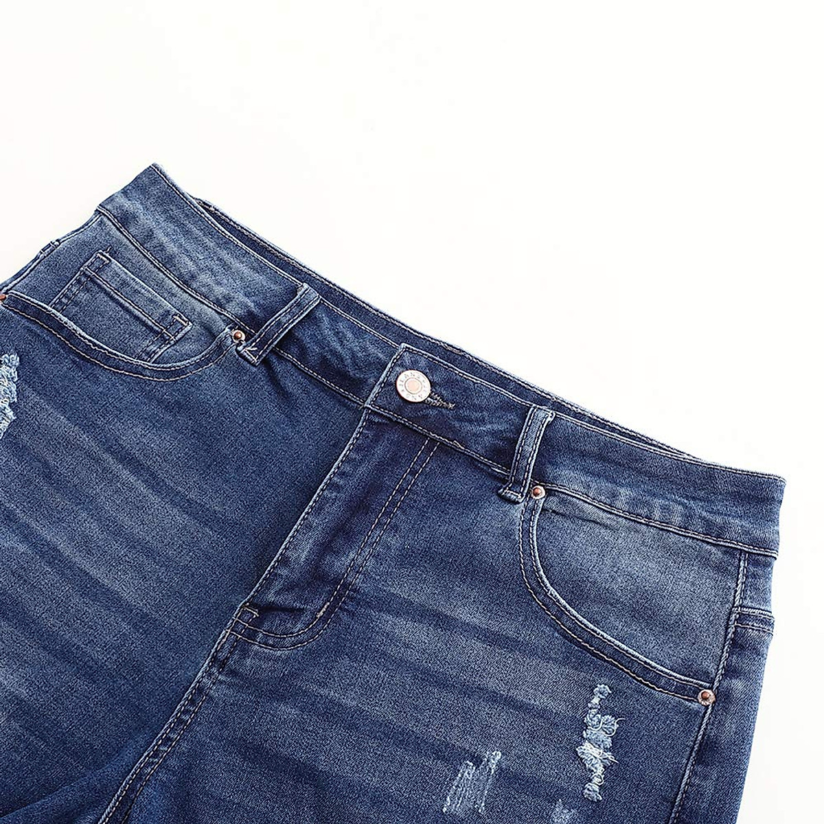 THUNDER STAR Women Mid Rise Ripped Stretchy Jeans Shorts Frayed Raw Hem Casual Denim Shorts Blue XXL