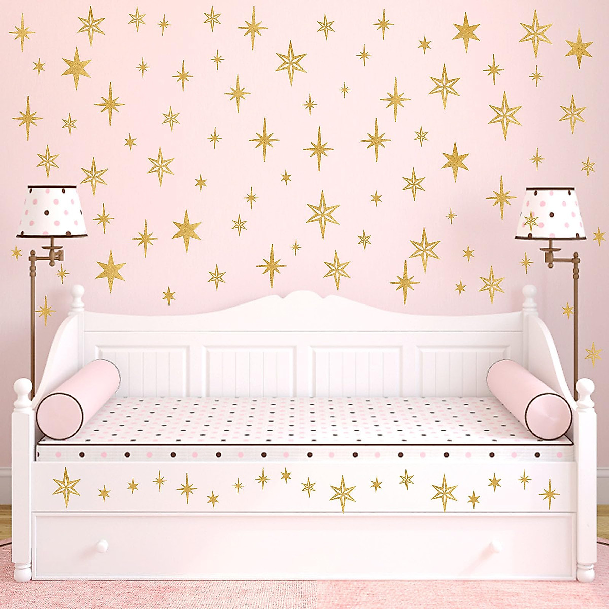 Gold Star Wall Decals Metallic Vinyl Star Wall Stickers Gold Sticker Wall Decor Sparkle Starburst Wall Decals Peel and Stick Retro Star Wall Stickers for Bedroom Living Room Decor