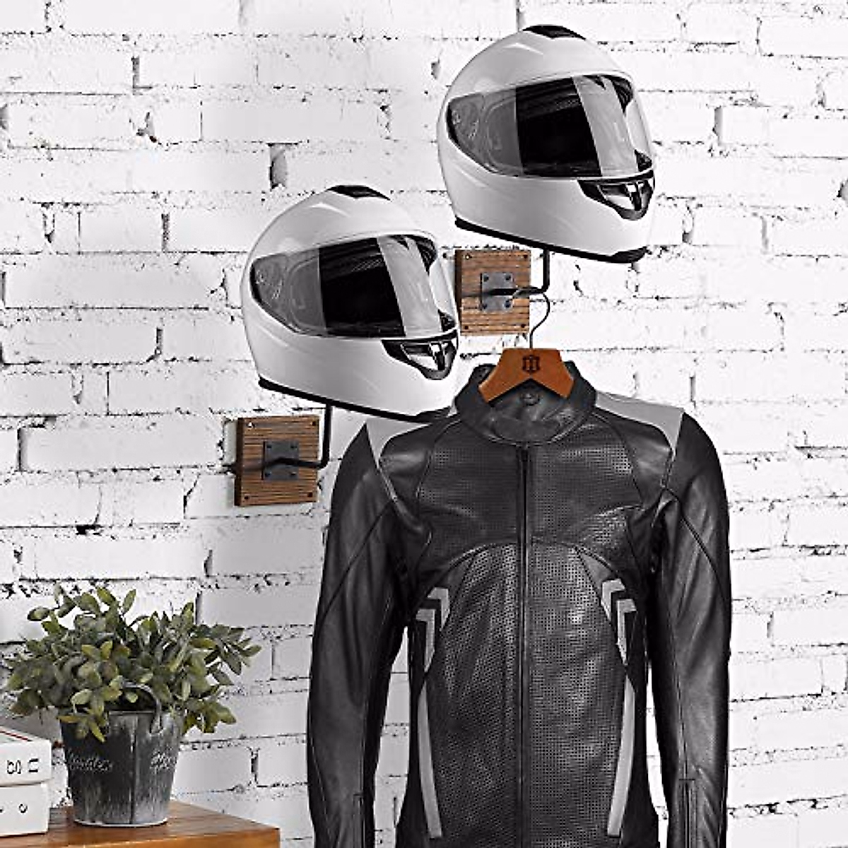 MyGift Set of 2 Wall Mounted Helmet Rack, Black Metal and Rustic Burnt Wood Base Motorcycle, Bicycle, Skateboard Helmet Display Holder and Jacket/Coat Hanger