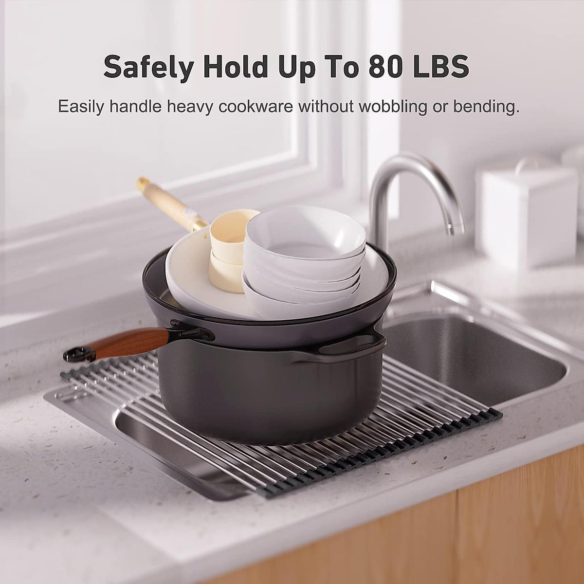 EMBATHER Roll Up Dish Drying Rack Over The Sink, 20.8'' x 18.1'' Dish Drying Rack for Kitchen Counter, Multipurpose Silicone Wrapped Foldable Kitchen Drainer Rack, Anti-Slip, Black