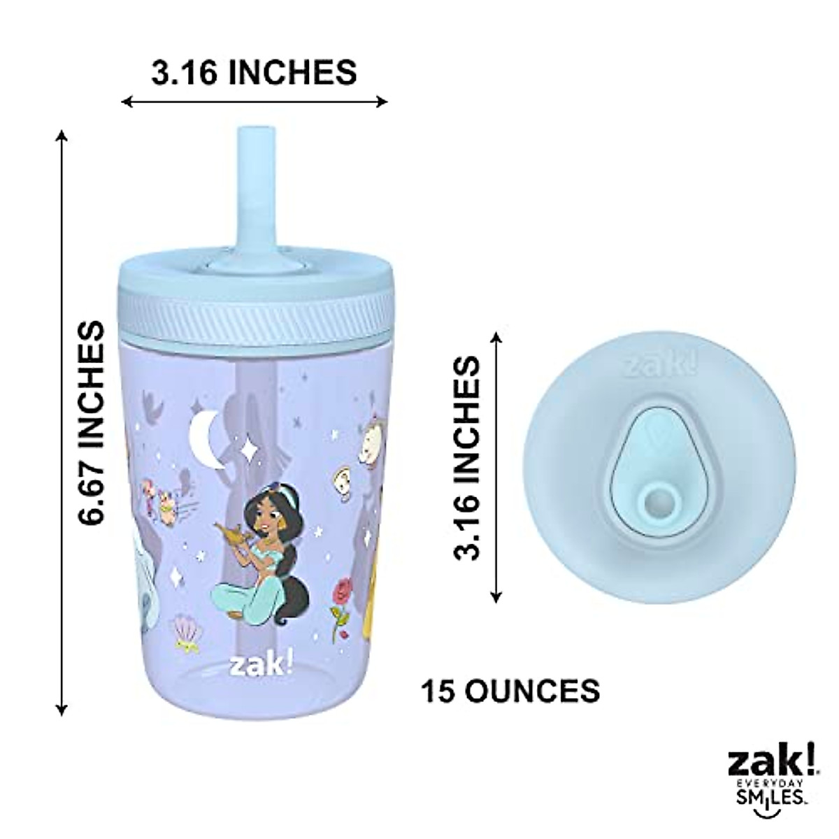 Zak Designs Disney Princess Kelso Toddler Cups For Travel or Home, 15oz 2-Pack Durable Plastic Sippy Cups, Leak-Proof For Kids (Ariel, Aurora, Belle, Cinderella, Jasmine, Mulan, Rapunzel, Tiana)