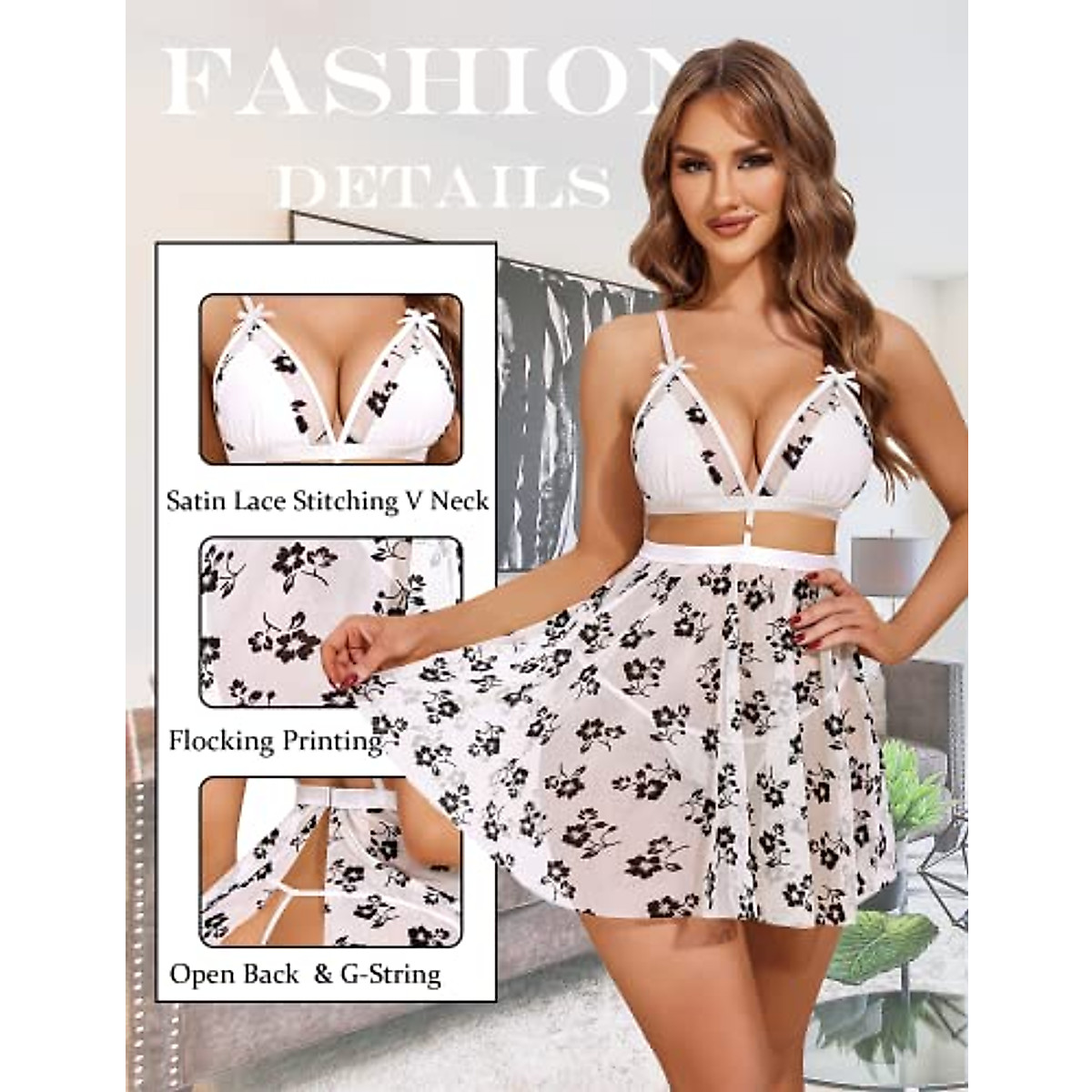 Avidlove Lace Lingerie for Women Sexy Teddy Babydoll V Neck Chemise Open Back Negligee Black Flower XL