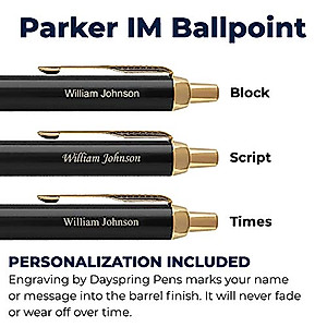 Dayspring Pens Parker Pen | Engraved/Personalized Parker IM Black Lacquer and Gold Trim Ballpoint Gift Pen. Custom Engraving Shipped in One Business Day.