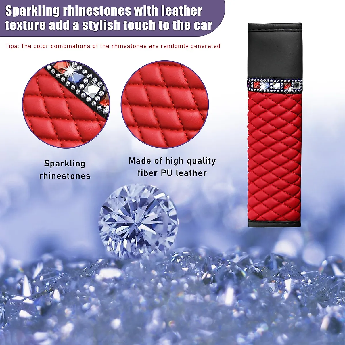 Ziciner 2PCS Leather Seat Belt Cover, Sparkling Rhinestone Seat Belt Covers for Women, Soft Harness Pads Strap Helps Protect Your Neck & Shoulder, Auto Interior Accessories for Adult Kid (Red)