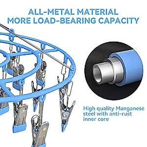 Funamily Clothes Drying Rack,Stainless Steel Laundry Drip Hanger with 24 Clips, Heavy Duty Round Swivel Windproof Hook Underwear Hanger for Drying Towel, Bras, Sock,Lingerie, Baby Clothes (Blue)