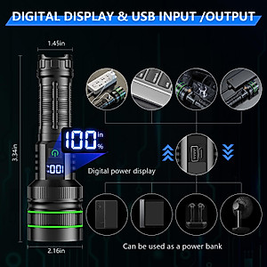 AHHZDZQ Super Bright LED Rechargeable Flashlight, 120,000 High Lumens Flashlights, XHM77.2 Zoomable Tactical Flashlight with 5 Modes, Brightest Waterproof Flashlights for Emergencies, Camping, Hiking