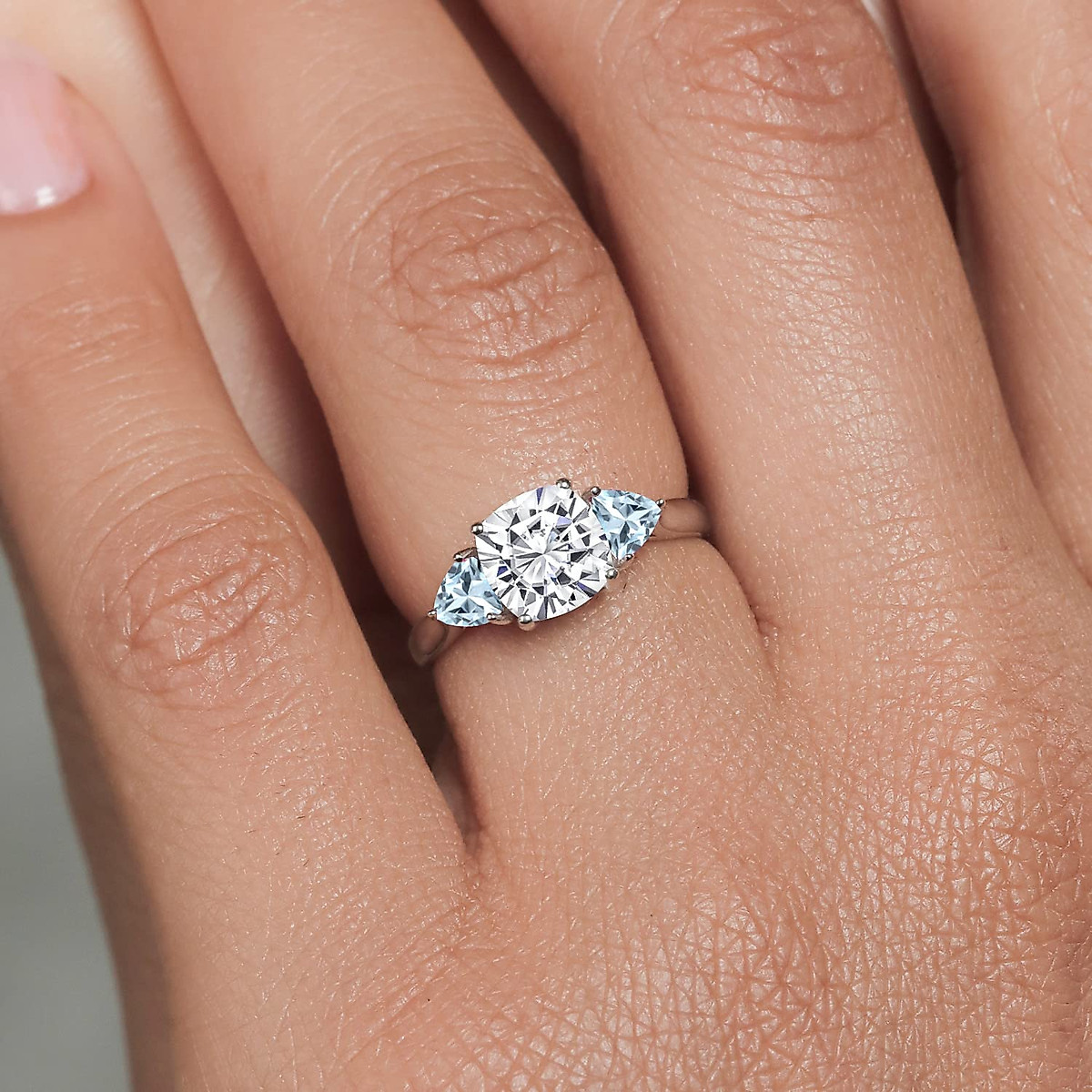 10K White Gold White Moissanite from Charles & Colvard and Sky Blue Aquamarine 3-Stone Engagement Ring For Women (2.11 Cttw, 7MM Cushion and 4MM Trillion, Available In Size 5, 6, 7, 8, 9)