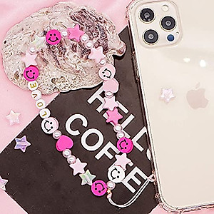 Beaded Phone Lanyard Wrist Strap Smiley Face Beaded Handmade Colorful Polymer Clay Acrylic Beads Pearl Phone Charm Strap for Women Grils