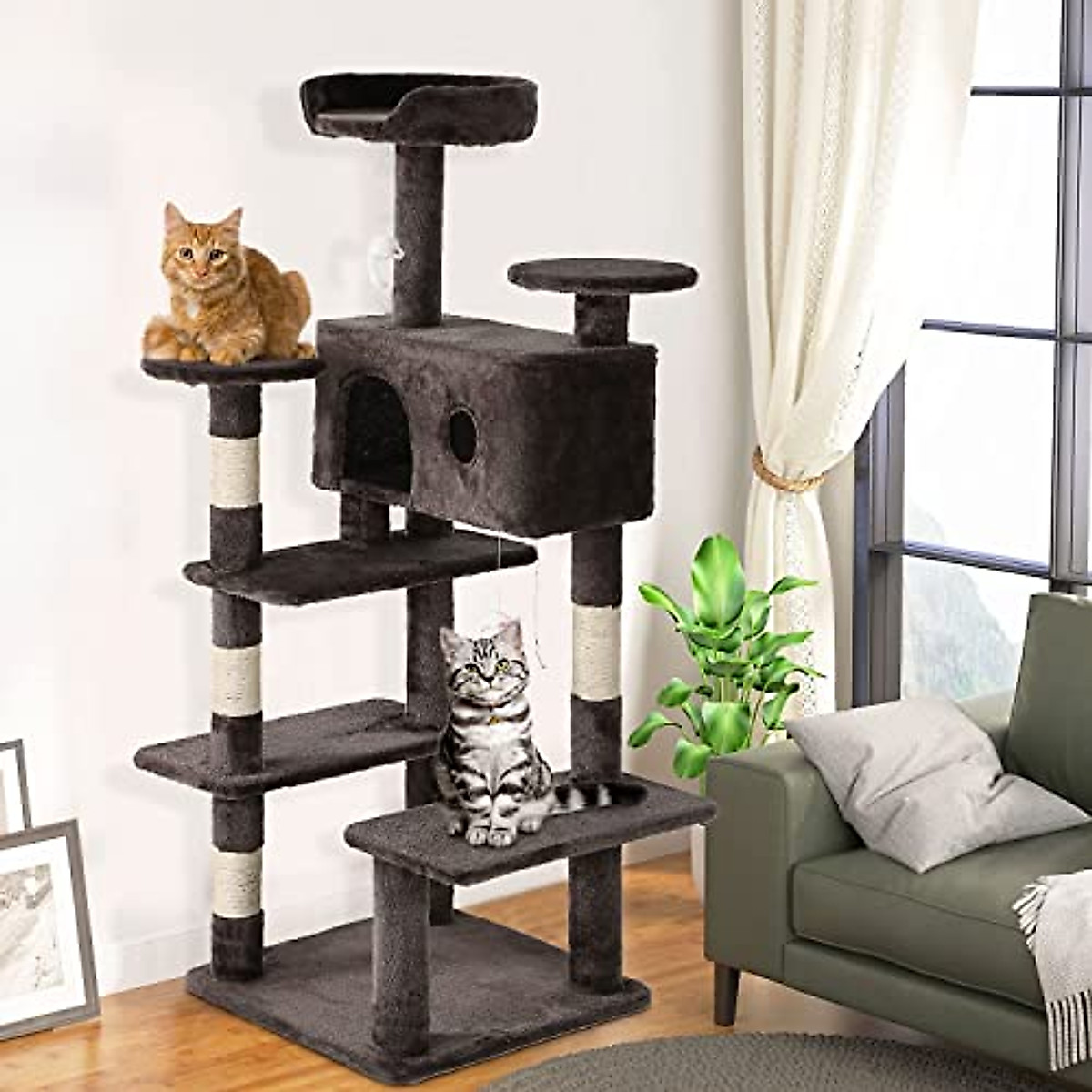 BestPet 54in Cat Tree Tower with Cat Scratching Post,Multi-Level Cat Condo Cat Tree for Indoor Cats Stand House Furniture Kittens Activity Tower with Funny Toys for Kitty Pet Play House (Dark Gray)