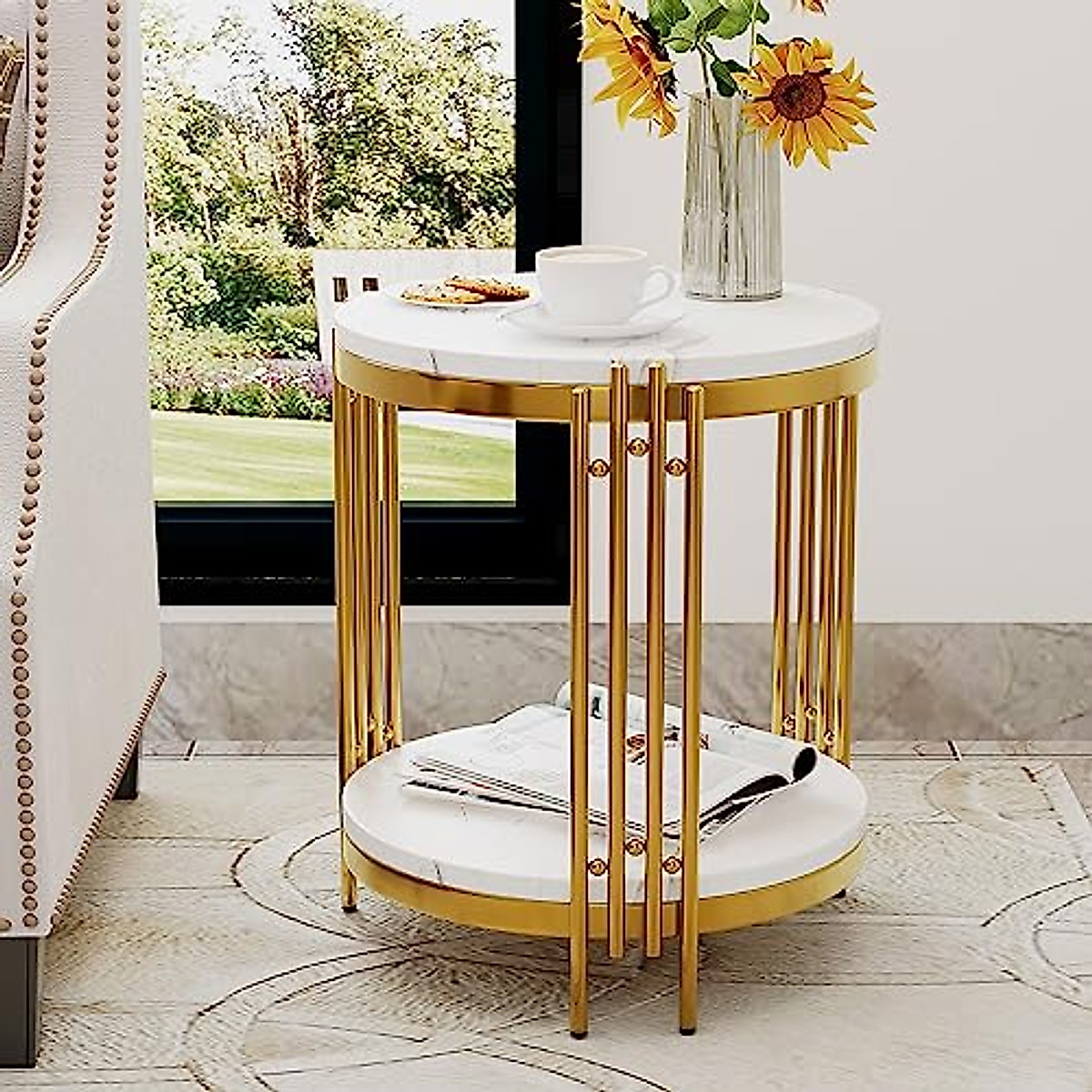 Aklaus Round End Table,Round Side Table with White Faux Marble Top,Bed Side Table/NightStand with Storage Shelves,Gold Side Table End Table Indoor for Living Room Bedroom Balcony SofaCouch Hall