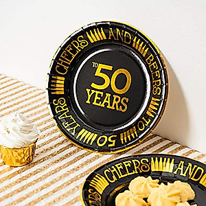 Crisky 50th Birthday Plates Black and Gold 9 inches 50 Pack, for Dessert, Buffet, Cake, Lunch, Dinner Plates for 50th Birthday Decorations Party Supplies, Cheers to 50 Years!