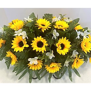 Cemetery Headstone Saddle Arrangement with Yellow Sunflowers and White Daisies-Grave Decoration