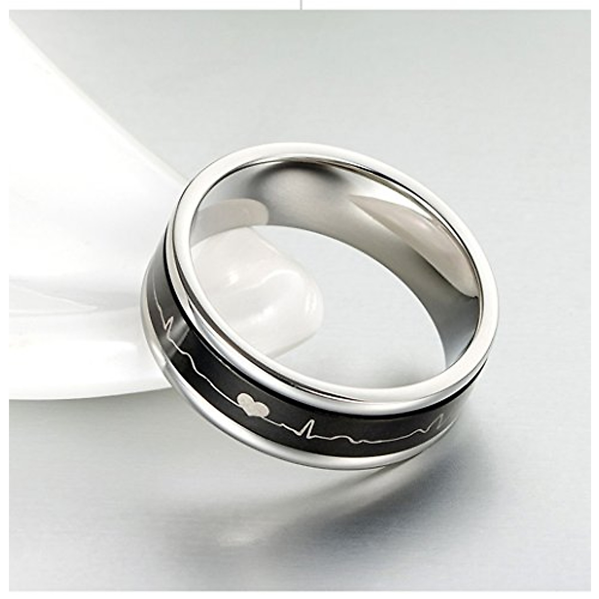 ALEXTINA 7MM Smooth Stainless Steel Spinner Rings for Women Men Heartbeat Couple Rings Black Size 6