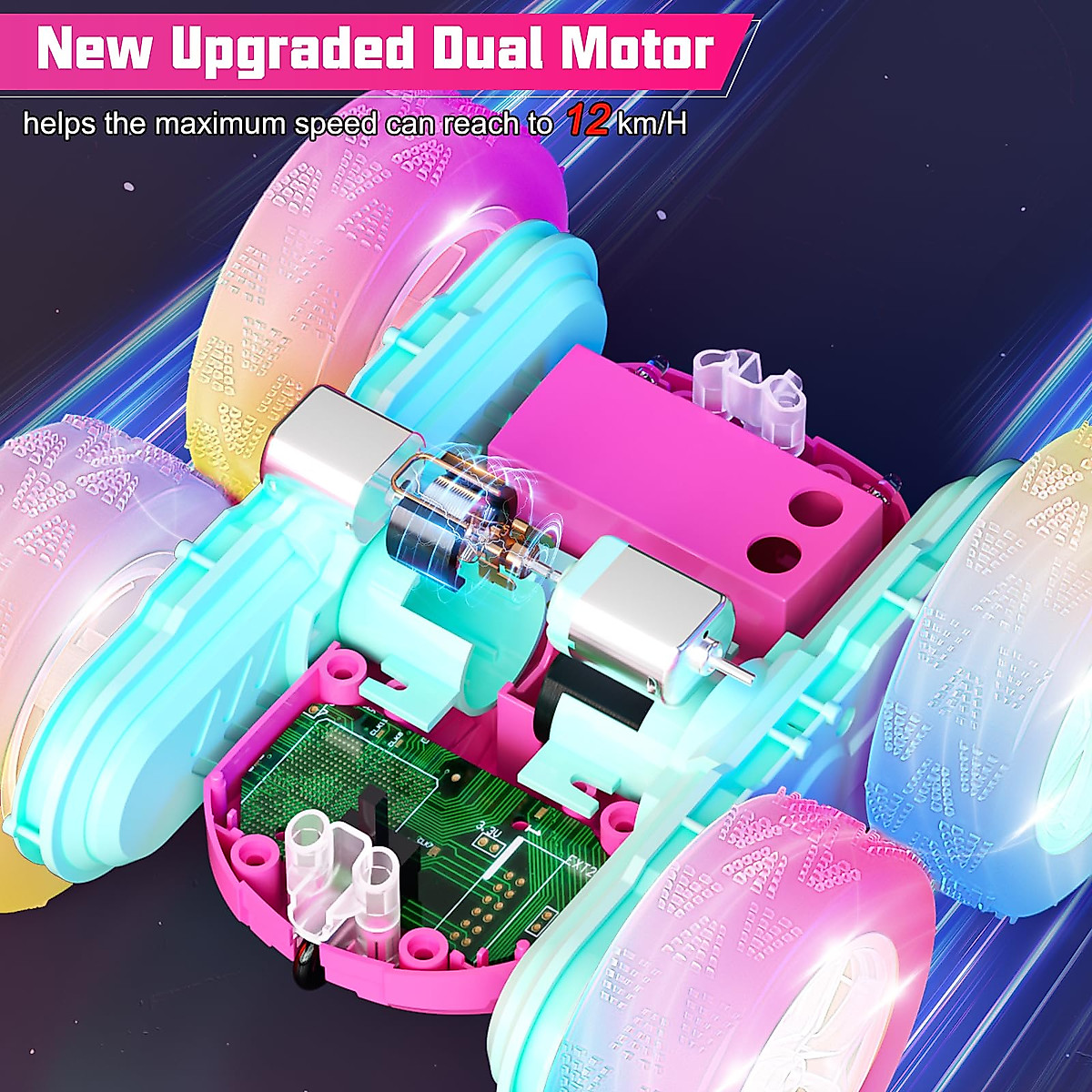 28℃ Remote Control Car for Boys, Drift High Speed RC Cars, 4WD 2.4Ghz Rechargeable RC Truck with Double Sided 360 Flips and Headlights Wheel Lights, Off-Road Stunt Toy Car for Kids Boy Girls Pink