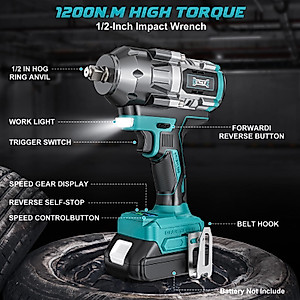Cordless Impact Wrench 1/2 inch for Makita 18V Battery, 900Ft-lbs(1200N. m) Brushless Electric Power Impact Driver Gun Tool, 2100RPM High Torque Impact Wrench with LED Work Light (No Battery)
