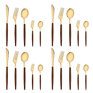 Uniturcky 20-Piece Silverware Set for 4, Stainless Steel Flatware Tableware Set, Mirror Polished Tableware Cutlery Set for Family Kitchen Restaurant, Faux Wooden Handle, Dishwasher Safe(Gold & Brown)