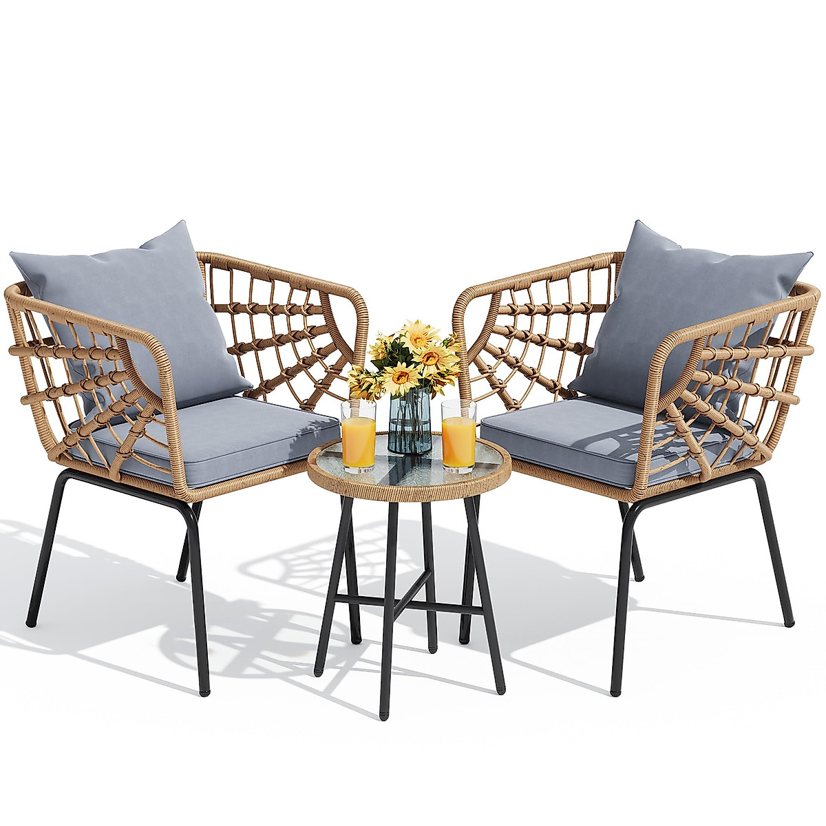 YITAHOME Wicker 3-Piece Outdoor Bistro Set, All-Weather Patio Conversation Set for Balcony, Backyard, Pool, Porch, Deck, Outdoor Sectional Furniture Set with Table & Cushions - Grey