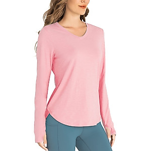 Hiverlay Long Sleeve Workout Shirts for Women V Neck UPF 50+ Athletic Shirts with Thumbhole Running Loose Active T-Shirts Pink s