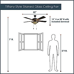 RIVER OF GOODS Craftsman LED Ceiling Fan - 52" L x 52" W - Tiffany-Style Stained Glass Ceiling Fan with Lights