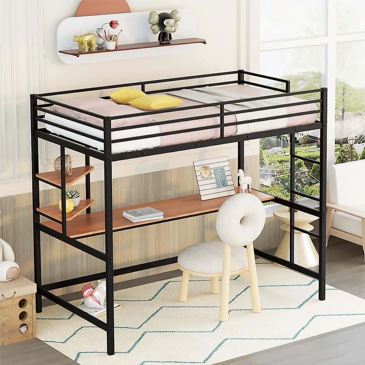 Anwick Twin Size Metal Loft Bed with Desk & Shelf, Metal Structure Bedframe w/Safety Guardrail, for Dorm, Bedroom, Guest Room, No Box Spring Needed (Twin, Black)