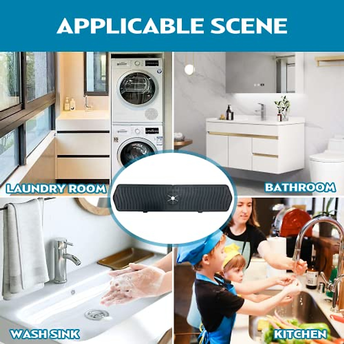 Luvitory Faucet Handle Drip Catcher Silicone Lengthened Mat, 24'' Splash Guard, Sink Guard for Kitchen Drying Mat Soap Sponge Accessories Tray Bathroom Bar Protection Black