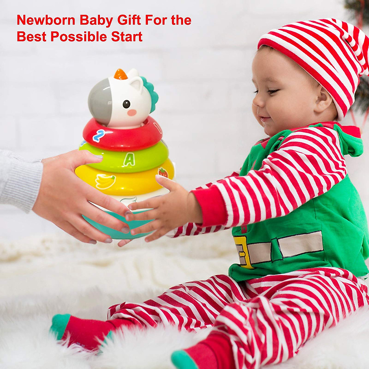 Yiosion Stacking Rings Baby Toy with Unicorn Topper, Weeble Wobble Stacking Toys for 3,6,9,12 Months Boy Girl Gifts, Baby Montessori Sensory Toys 6 to 12 Months Developmental