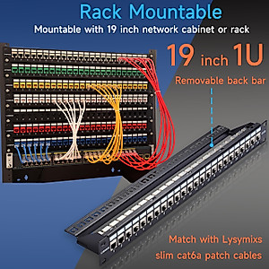 Lysymixs 24 Port RJ45 Patch Panel Cat6 STP Feed Through, Coupler Network Patch Panel 19 Inch, Inline Keystone Ethernet Patch Panel with Back Bar