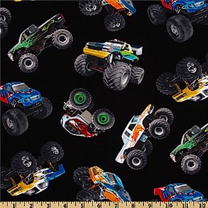 In Motion Monster Trucks Black, Fabric by the Yard